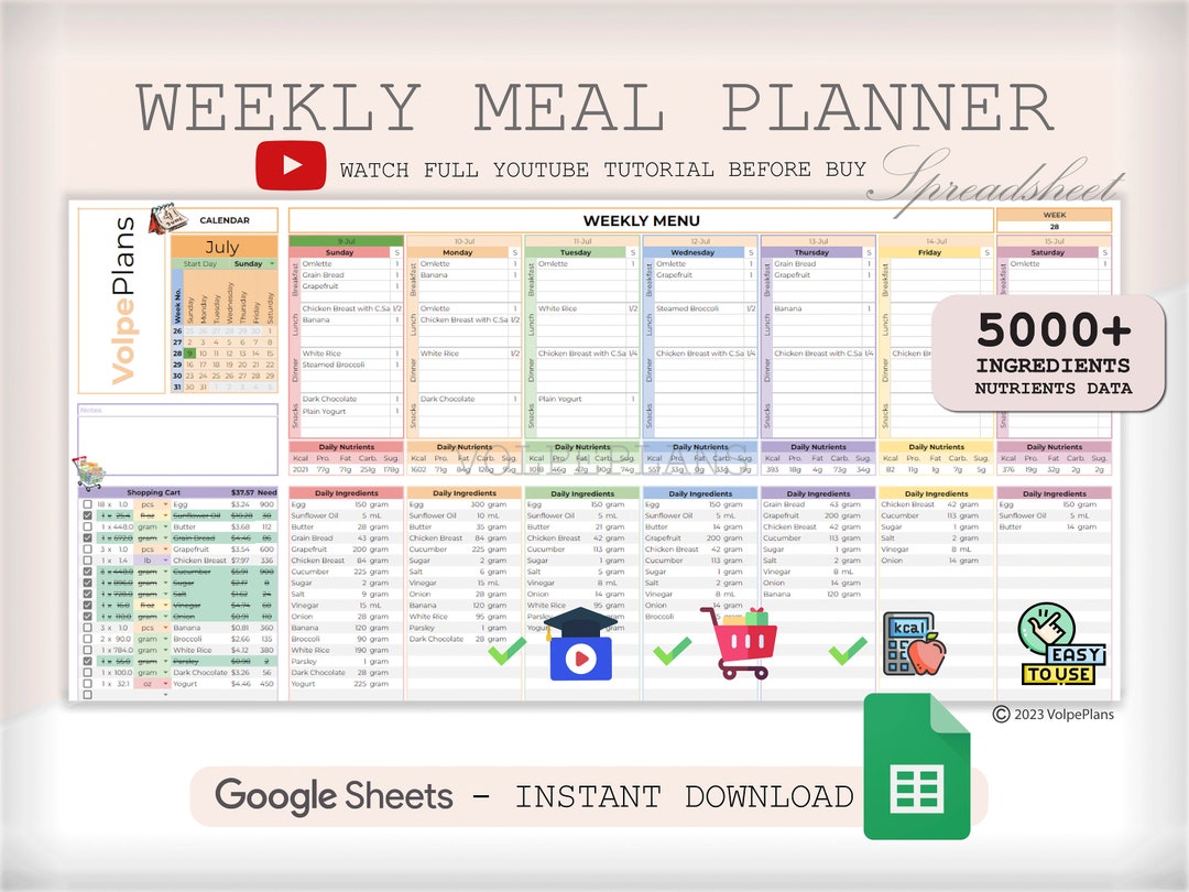 Weekly Meal Planner Google Spreadsheet Meal Tracker Menu - Etsy