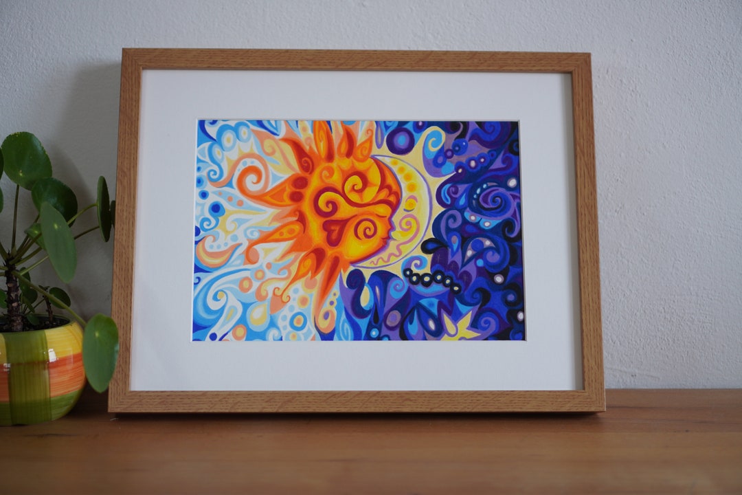 Original Oil Pastel Painting day and Night, Painting With Sun and Moon ...