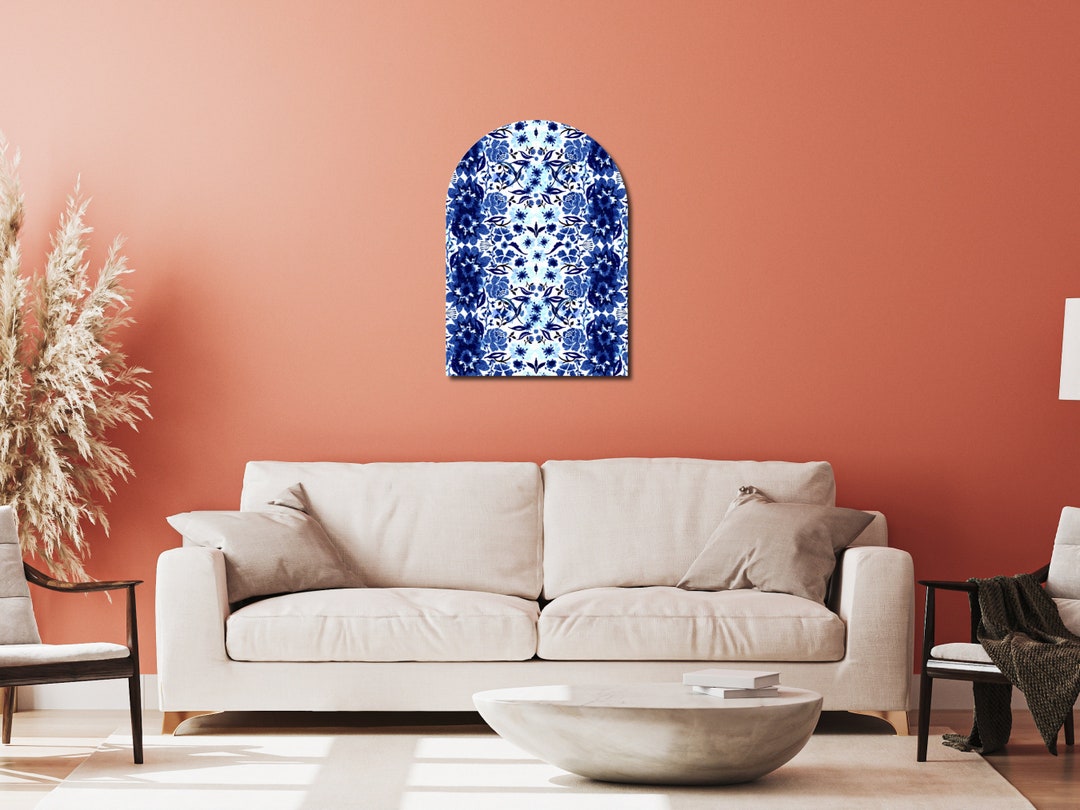 Boho Wall Art Arch in Blue Pattern. Modern Floral Art for Aesthetic ...
