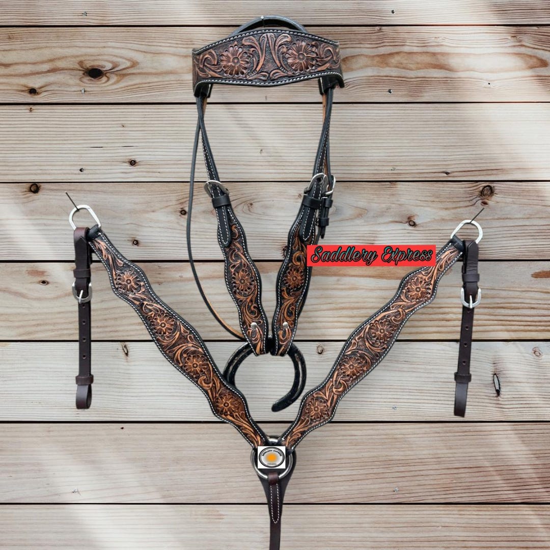 Handmade Western Leather Hand Tooled Headstall and Breast Collar ...