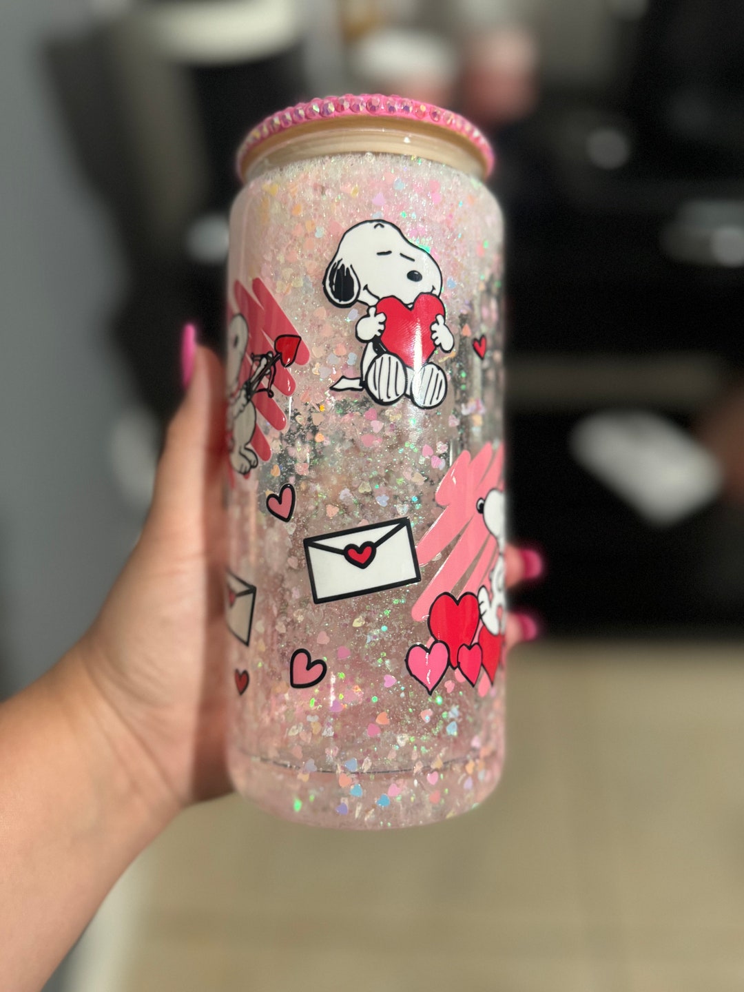 Snoopy, Snowglobe, Glass Can, Beer Cup, Pink Glitter, Double Walled ...