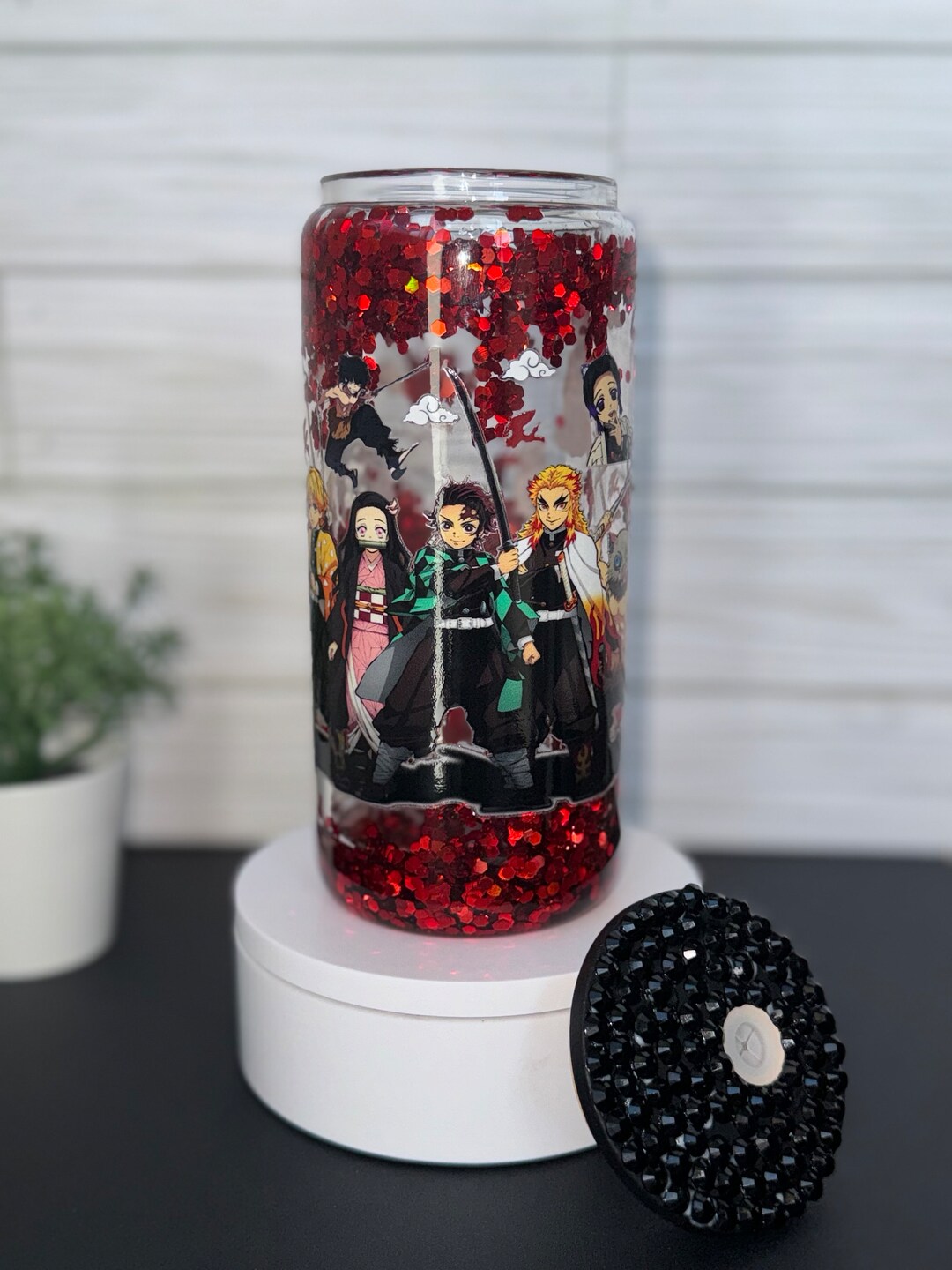 Demon Slayer, Snowglobe, Glass Can, Beer Cup, Red Glitter Snowglobe ...