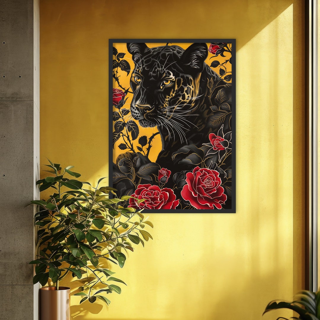 Black Panther Painting With Red Roses Panther and Roses on Yellow ...