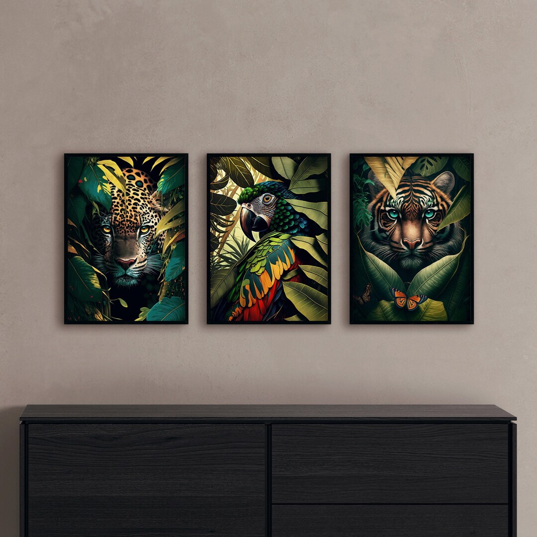 Jungle Animal Set of 3 Wall Art Jaguar Wall Art Parrot Print Rainforest ...