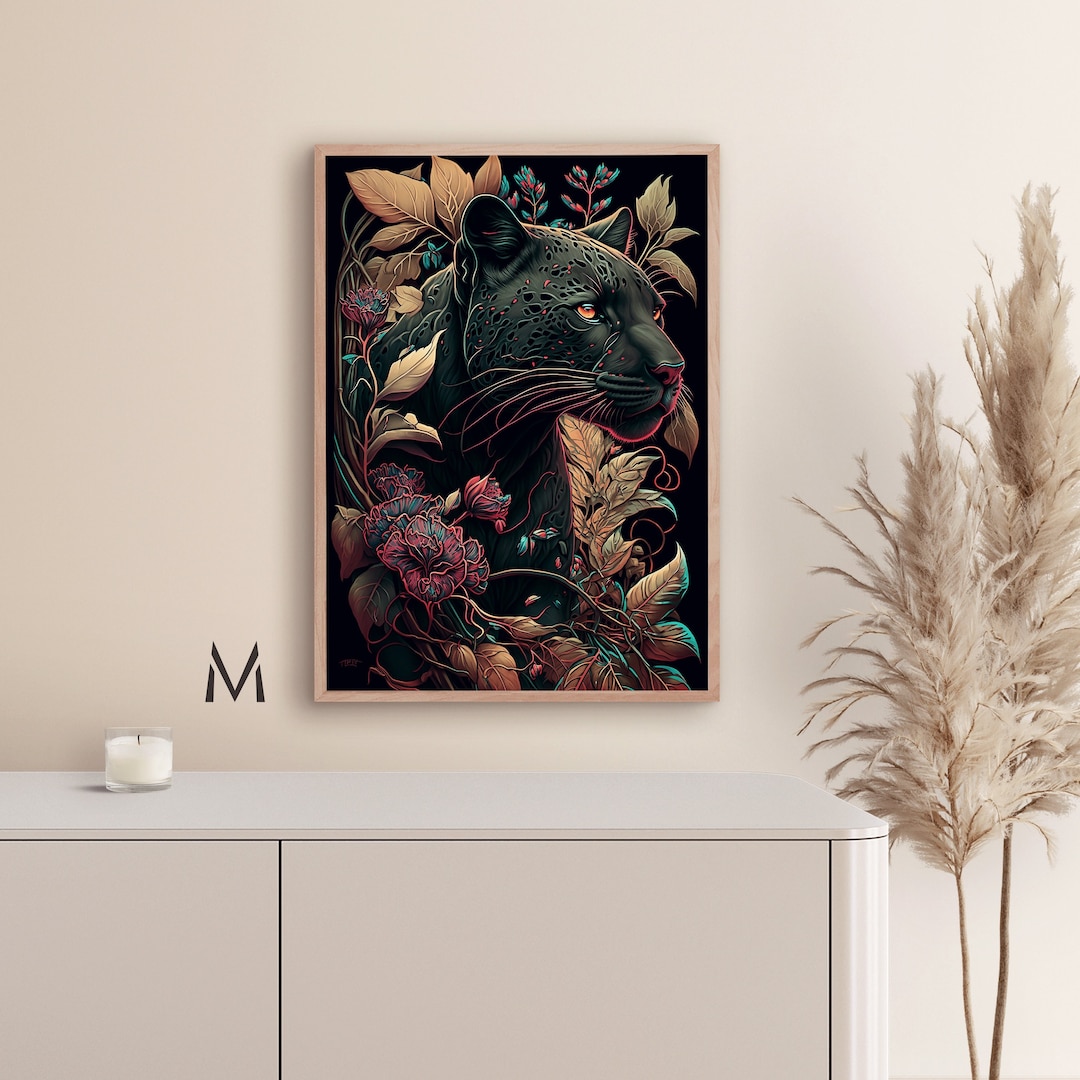 Black Panther With Flowers Painting Big Cat Painting Panther Art Animal ...