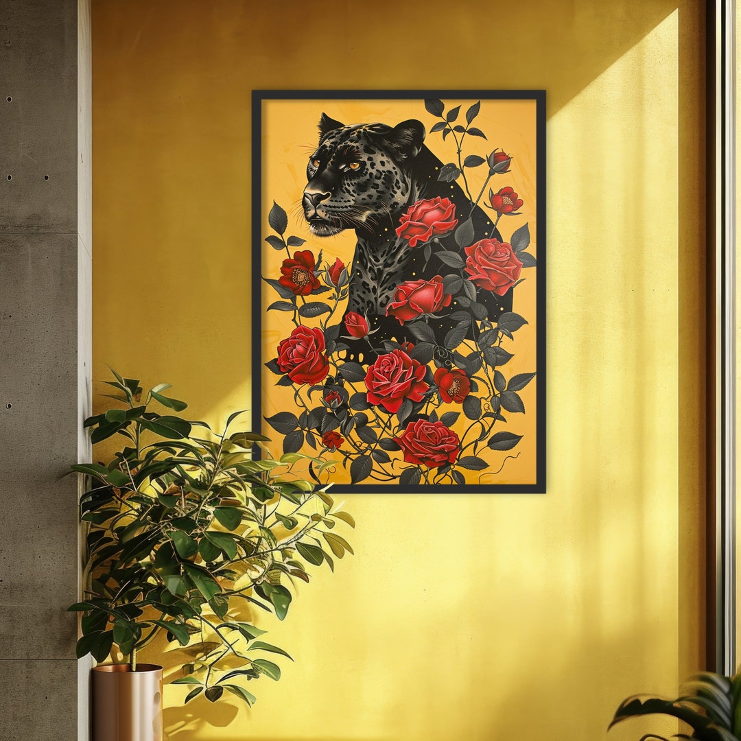 Black Panther Painting With Red Roses Panther and Roses on Yellow ...