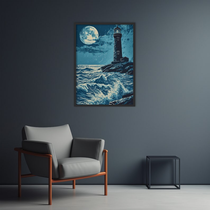 Stürmisches Meer Leuchtturm Gemälde Linolstil Kunstwerk Nautisches Meisterwerk Mondlicht ...