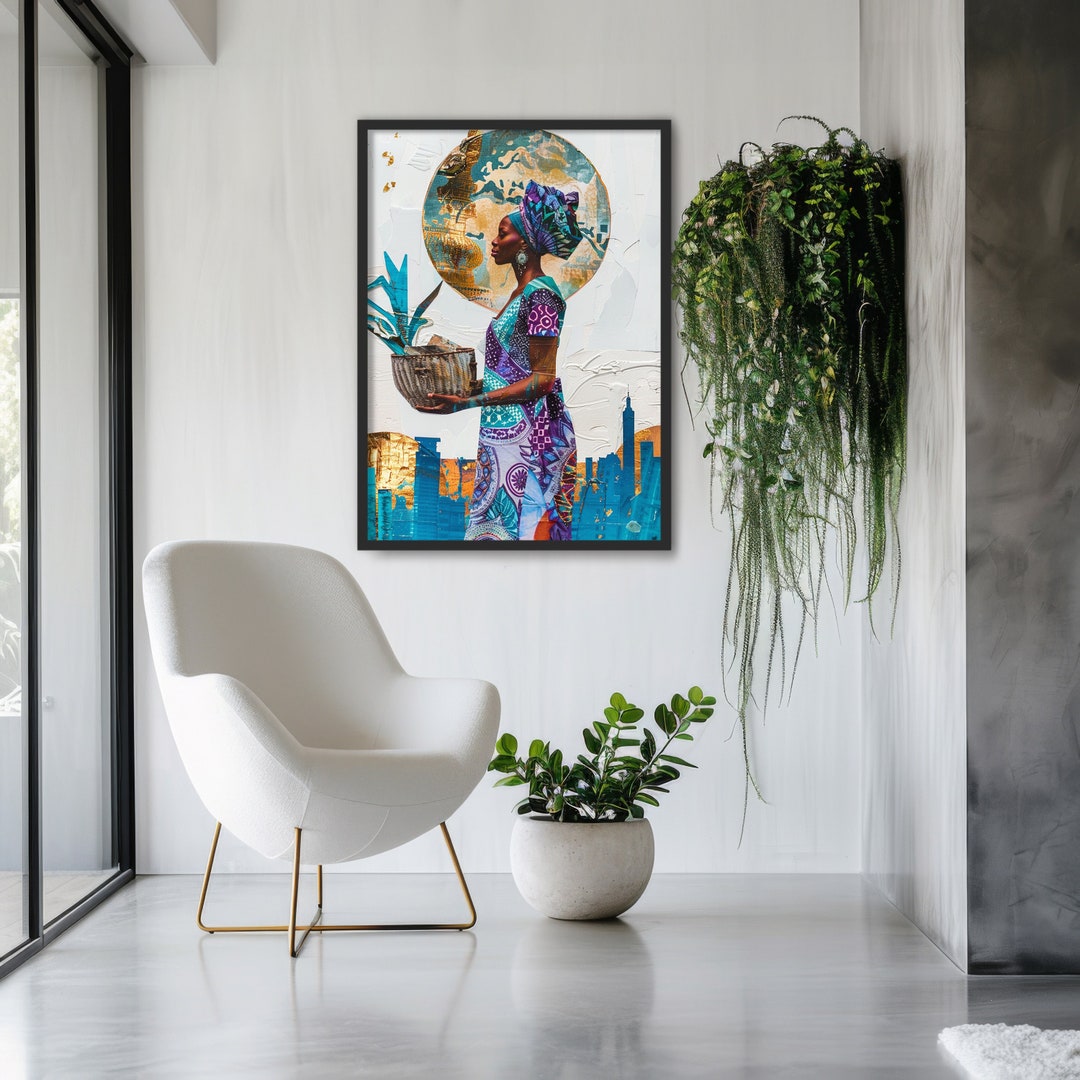 Collage Painting African Woman Holding Basket Ethnic Collage Art ...