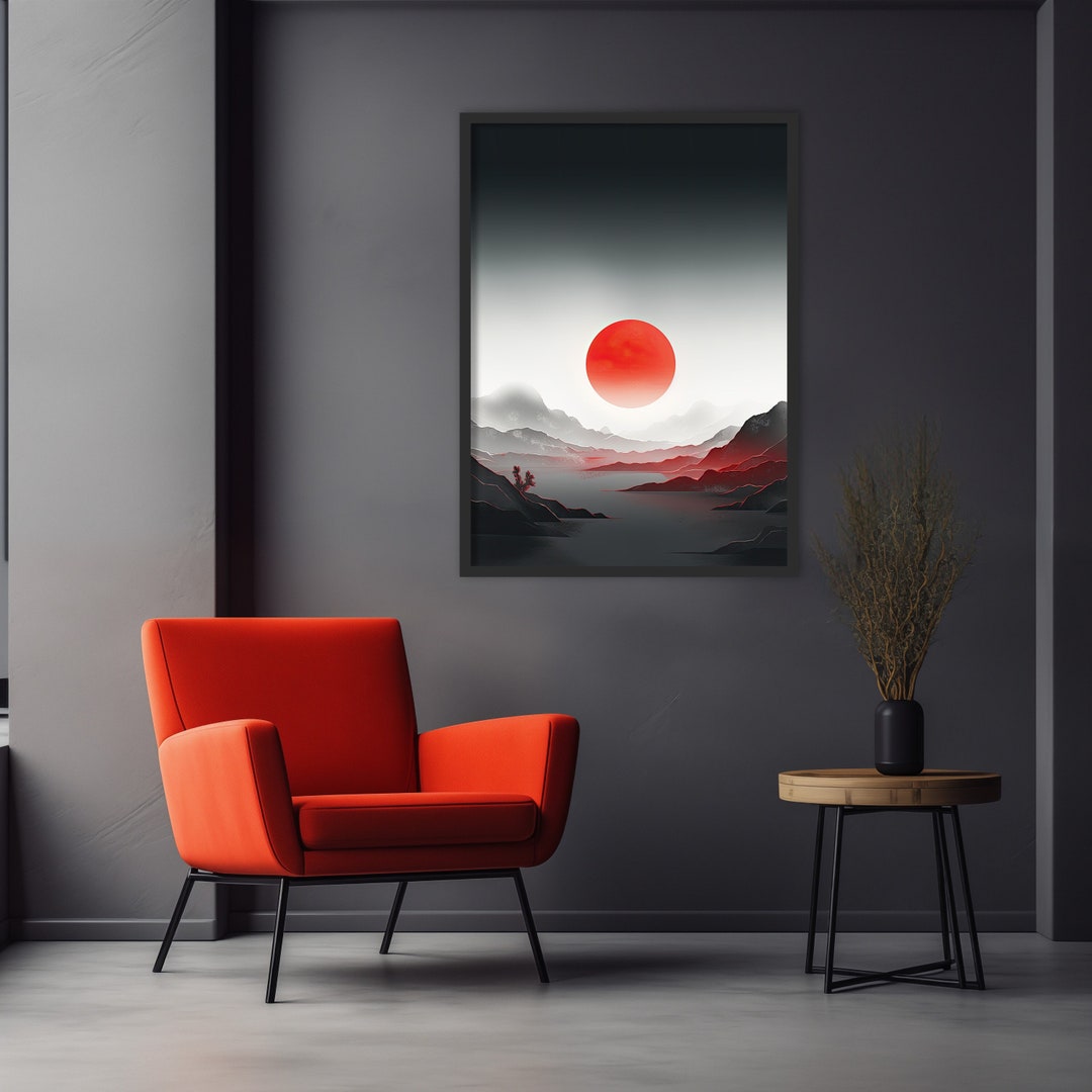 Minimalist Red Landscape Art Print Chinese Brushstroke Red Nature ...