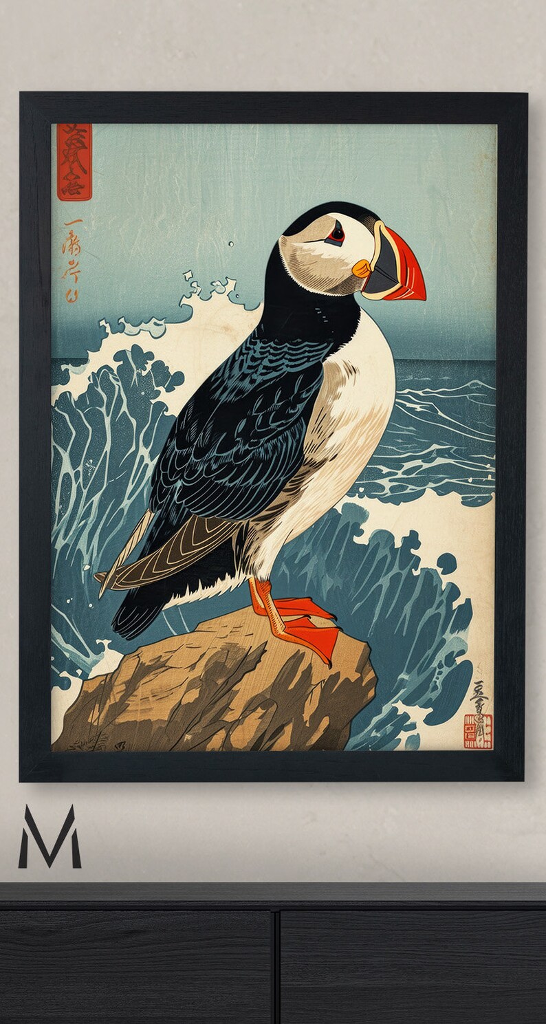 Atlantic Puffin Painting Coastal Bird Artwork Ocean Waves Crashing ...