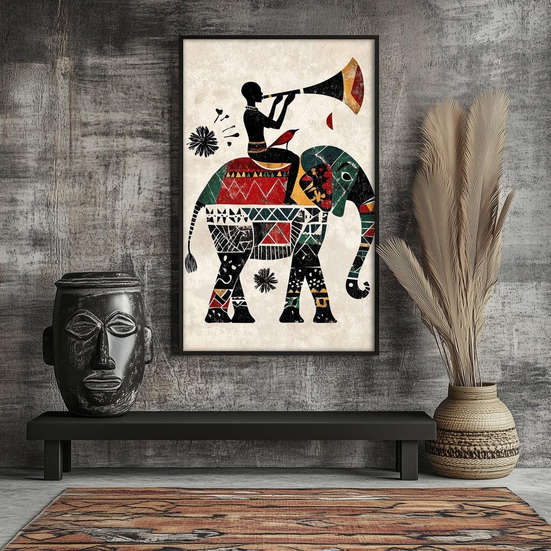 African Elephant Art Print Tribal Pattern Illustration Vintage Safari ...