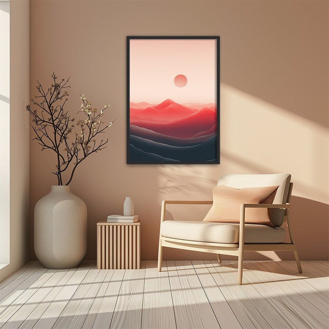 Minimalist Red Landscape Art Print Chinese Brushstroke Red Nature ...