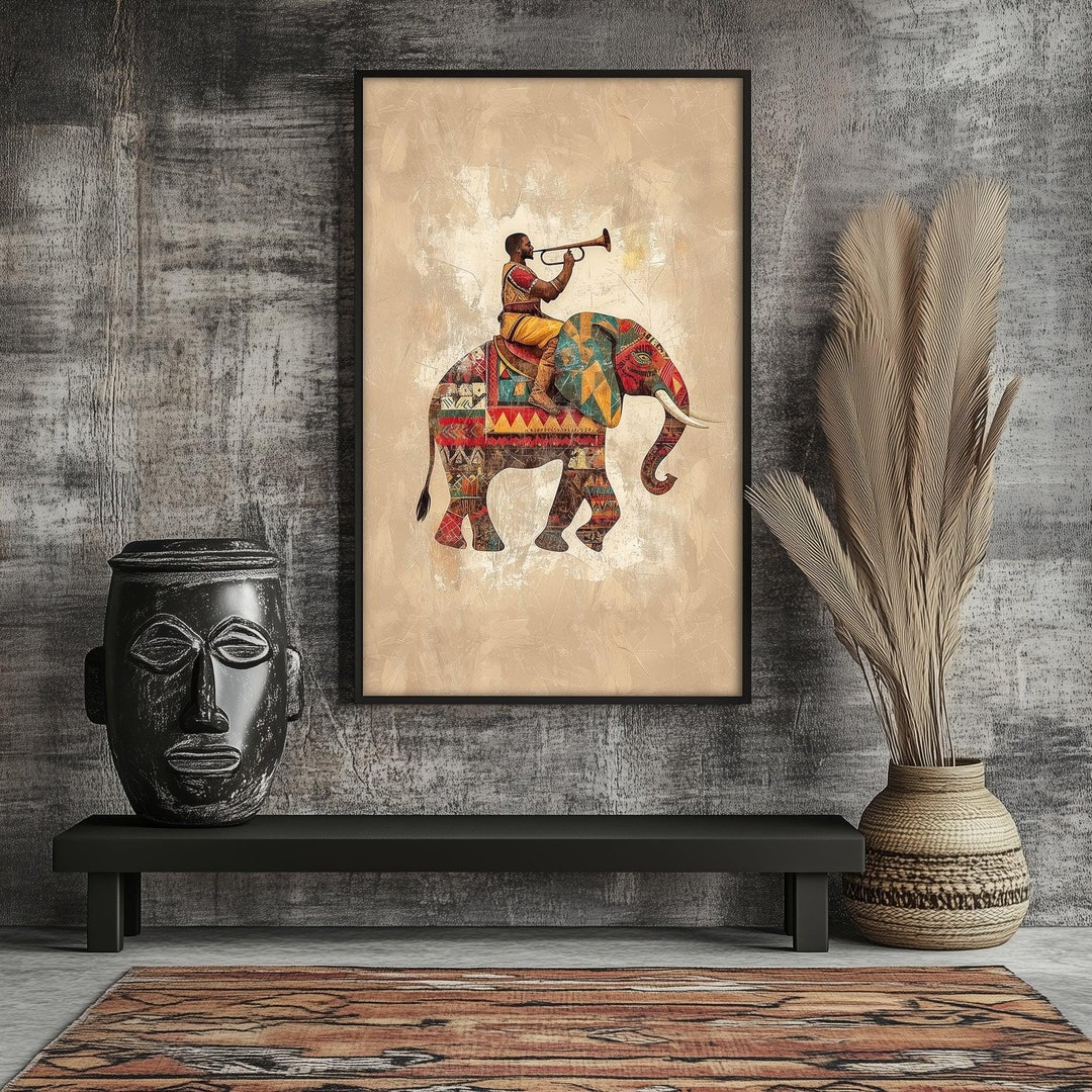 African Elephant Art Print Tribal Pattern Illustration Vintage Safari ...