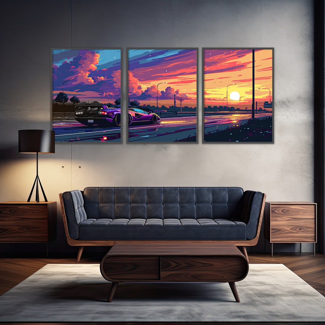 Pixelated Super Car Art Abstract Sunset Motorway Painting Contemporary ...