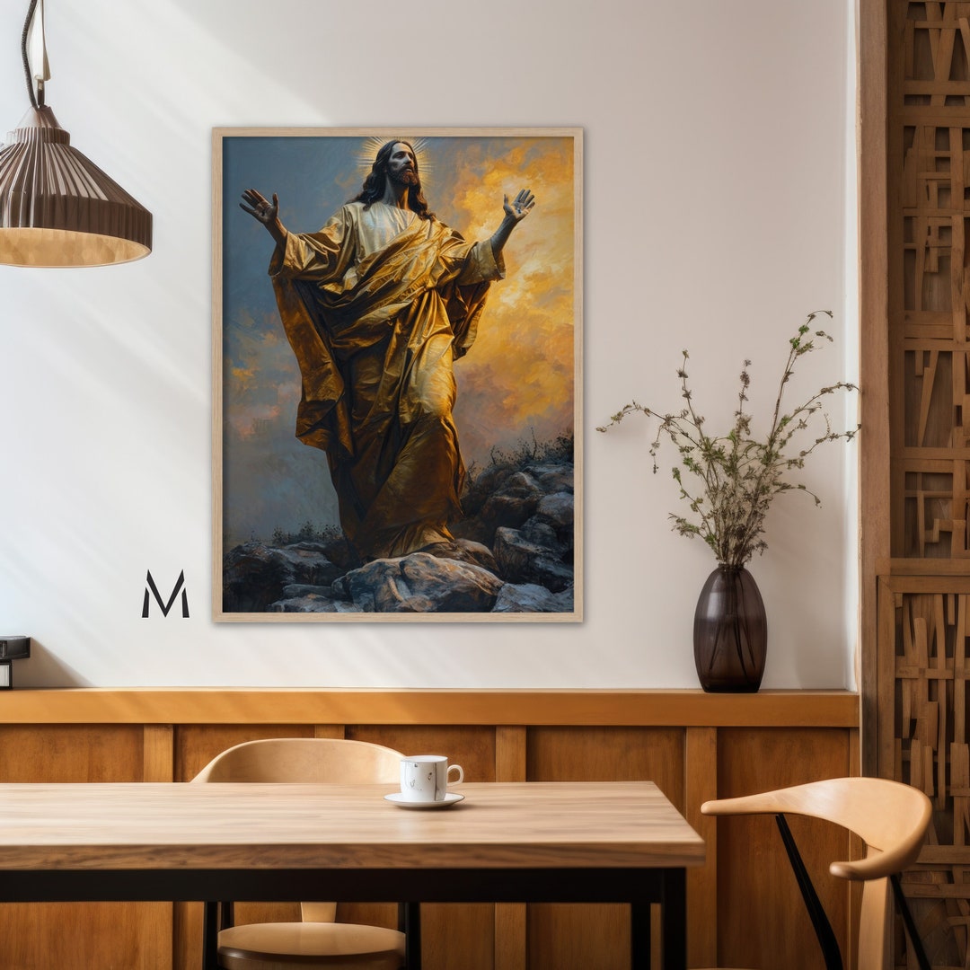 Golden Painting of Jesus Christ Portrait With Crown Religious Art Decor ...