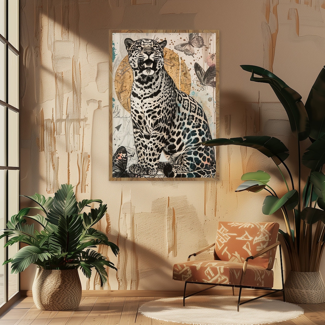 Jaguar Painting With Pink Moon Wildlife Painting Butterfly Wall Art ...