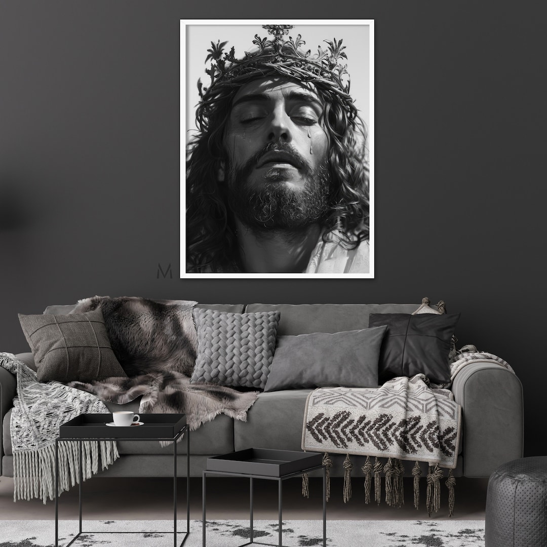 Black and White Painting of Jesus Christ Portrait With Crown Religious ...