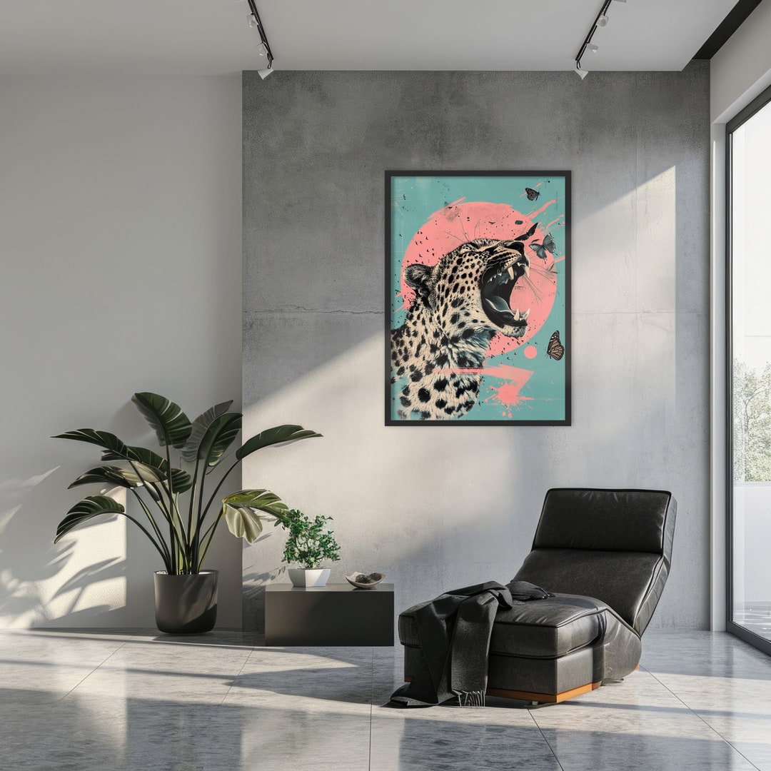 Cheetah Painting With Pink Moon Wildlife Painting Butterfly Wall Art ...