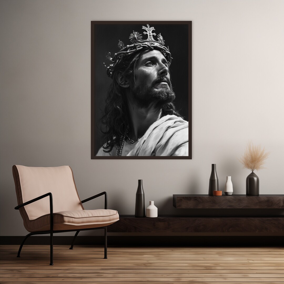 Black and White Painting of Jesus Christ Portrait With Crown Religious ...