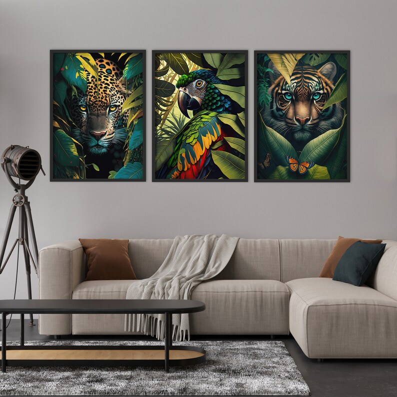 Jungle Animal Set of 3 Wall Art Jaguar Wall Art Parrot Print Rainforest ...