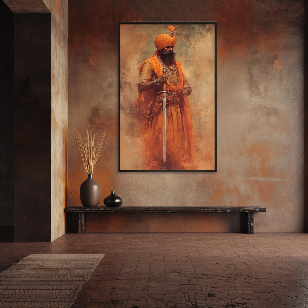Majestic Sikh Warrior With Kirpan Sword Vibrant Orange, Low Angle ...