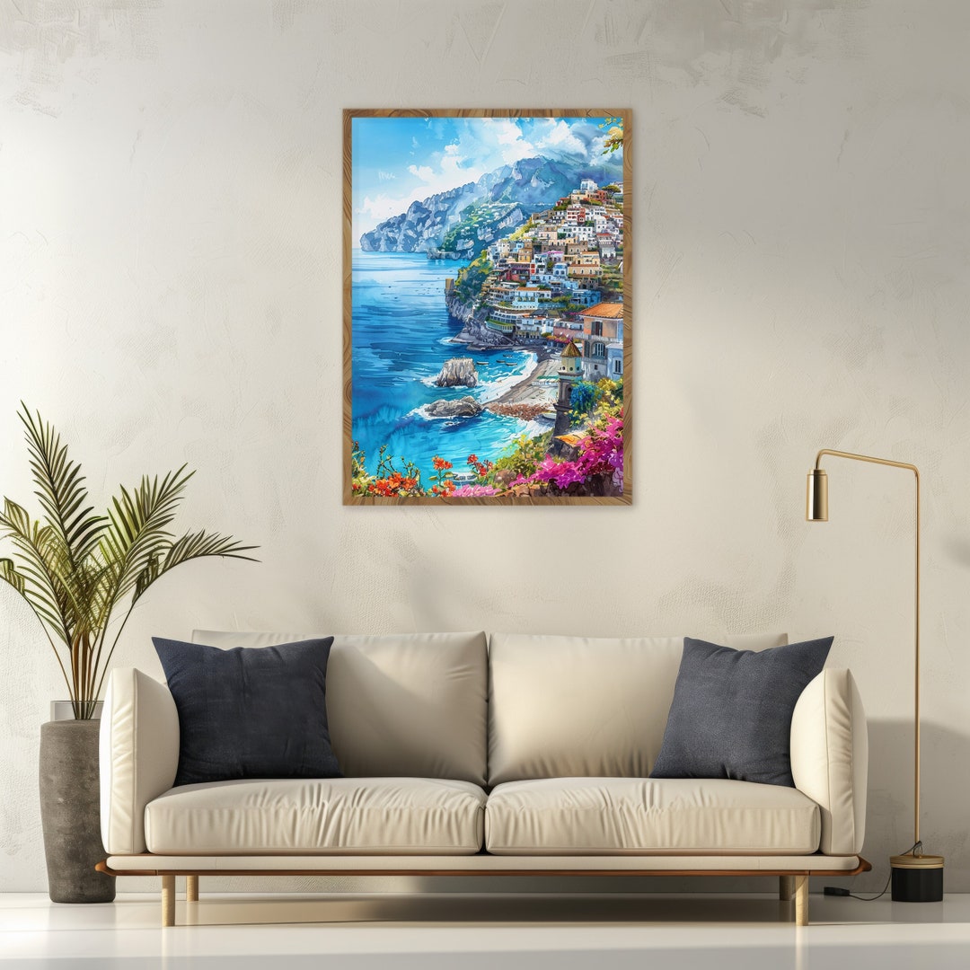 Watercolour Amalfi Coast Painting With Beach Houses and Flowers Coastal ...