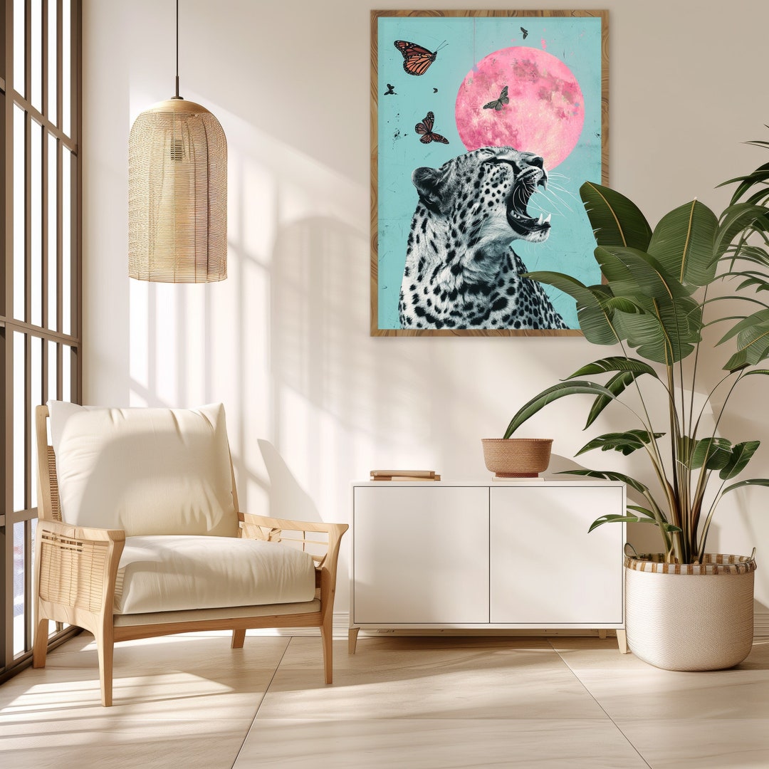 Cheetah Painting With Pink Moon Wildlife Painting Cheetah Wall Art ...