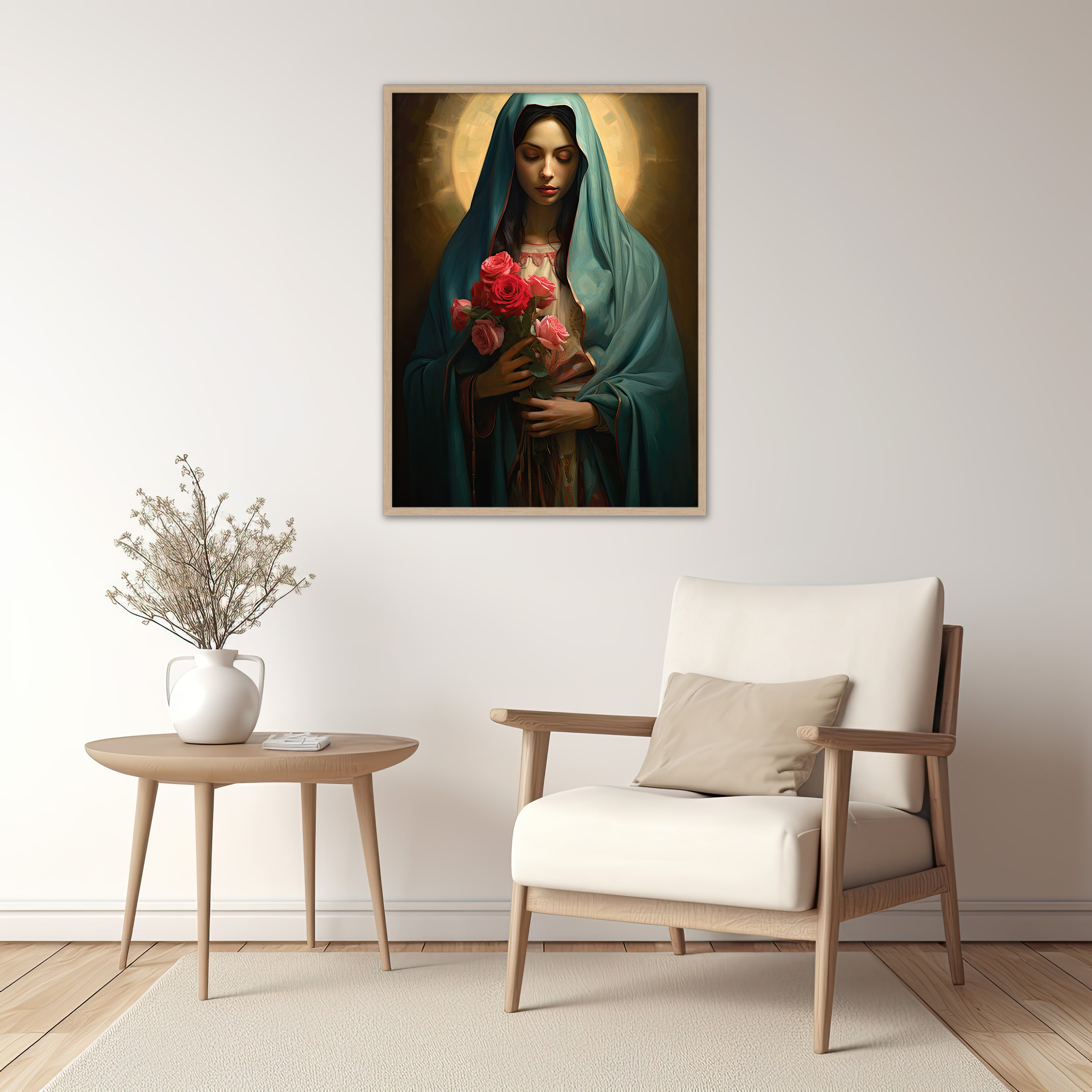 Painting Virgin Mary Holding Red Roses Mother Mary Wall Art Religious ...