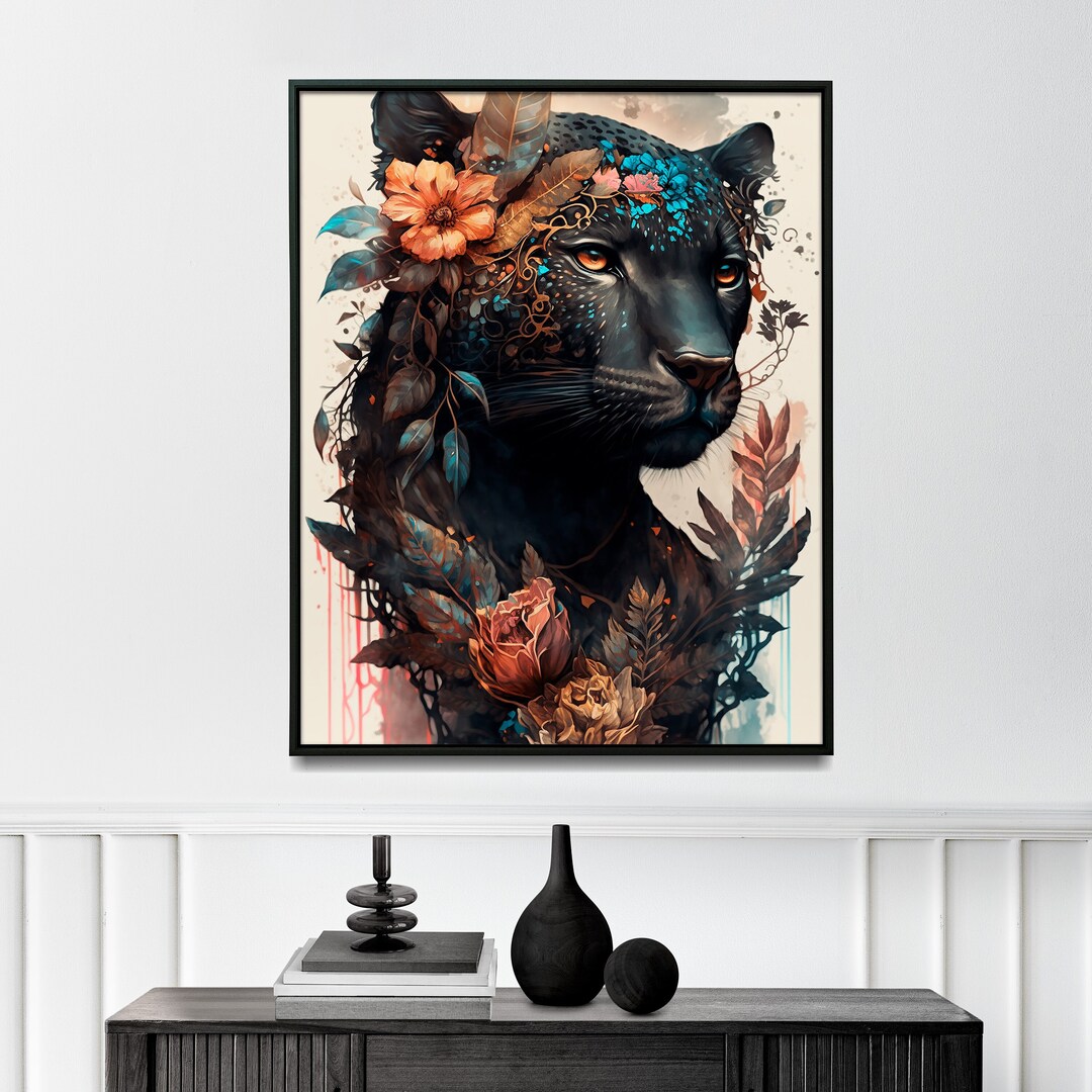 Watercolour Black Panther With Flowers Painting Watercolour Jaguar Wall ...