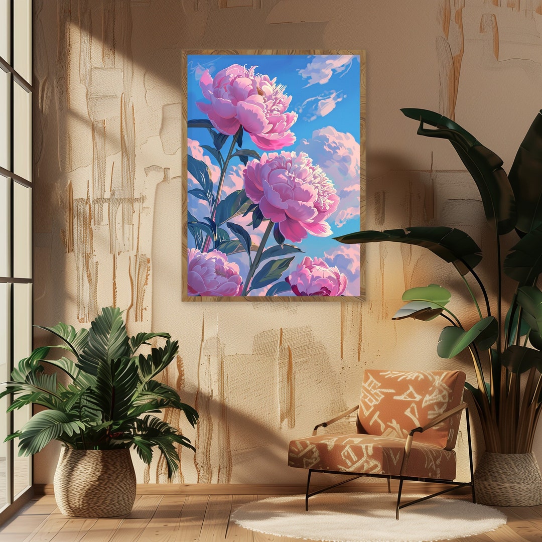 Minimalist Pink Peonies Painting Lofi Style Pink Peonies Wall Art ...