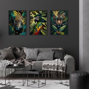 Jungle Animal Set of 3 Wall Art Jaguar Wall Art Parrot Print Rainforest ...