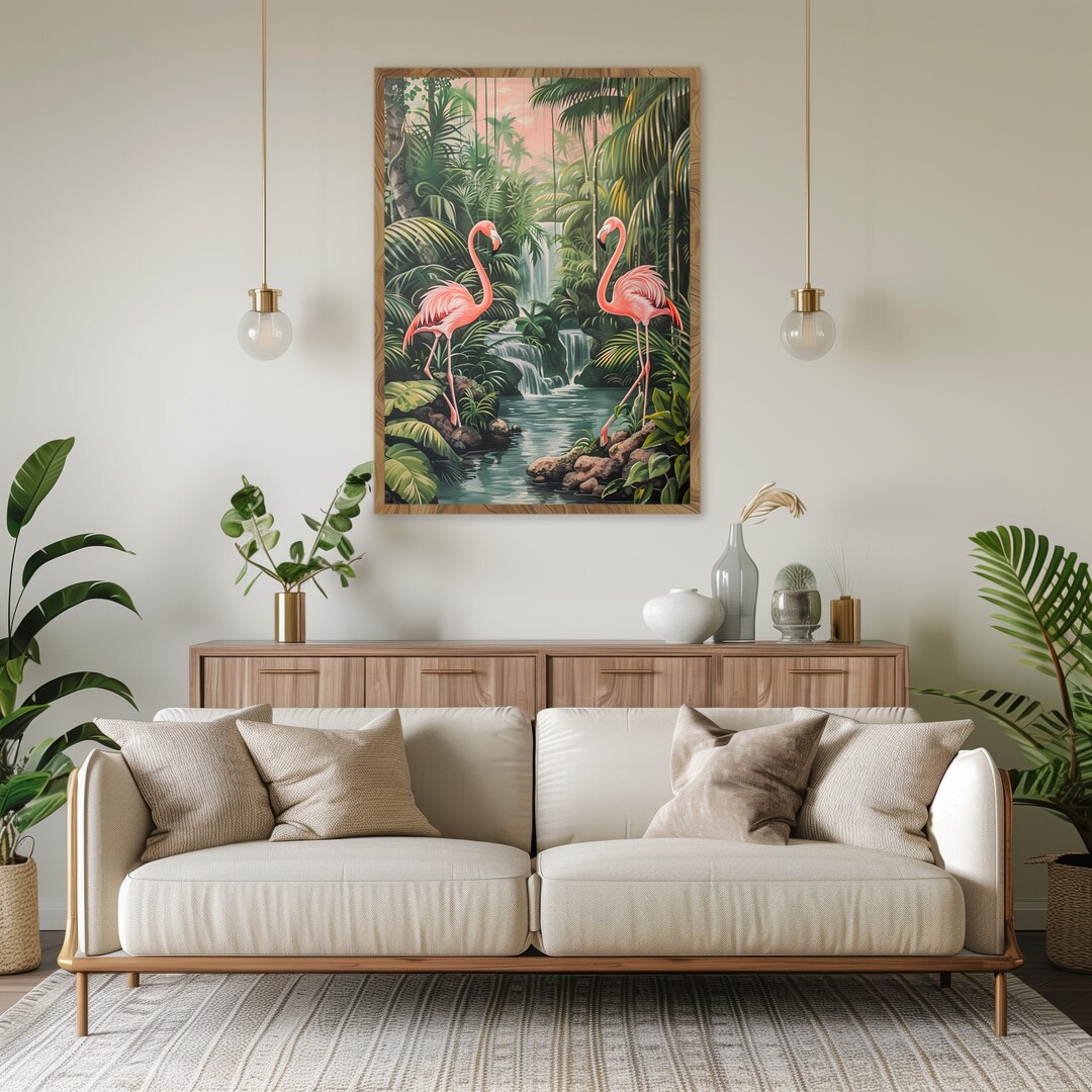 Two Flamingos Painting in Tropical Jungle Exotic Art Print Flamingo ...