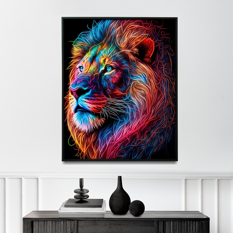 Neon Lion Wall Art Abstract Lion Poster for Home Colourful Lion Art ...