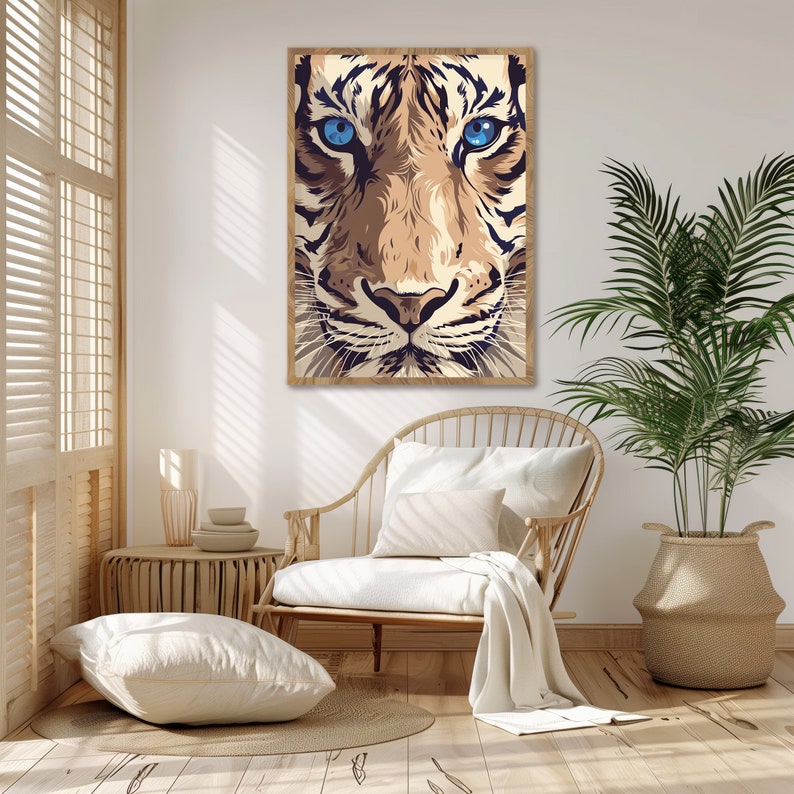 Beige Tiger Painting With Bright Blue Eyes Wall Art of Tiger With Blue ...