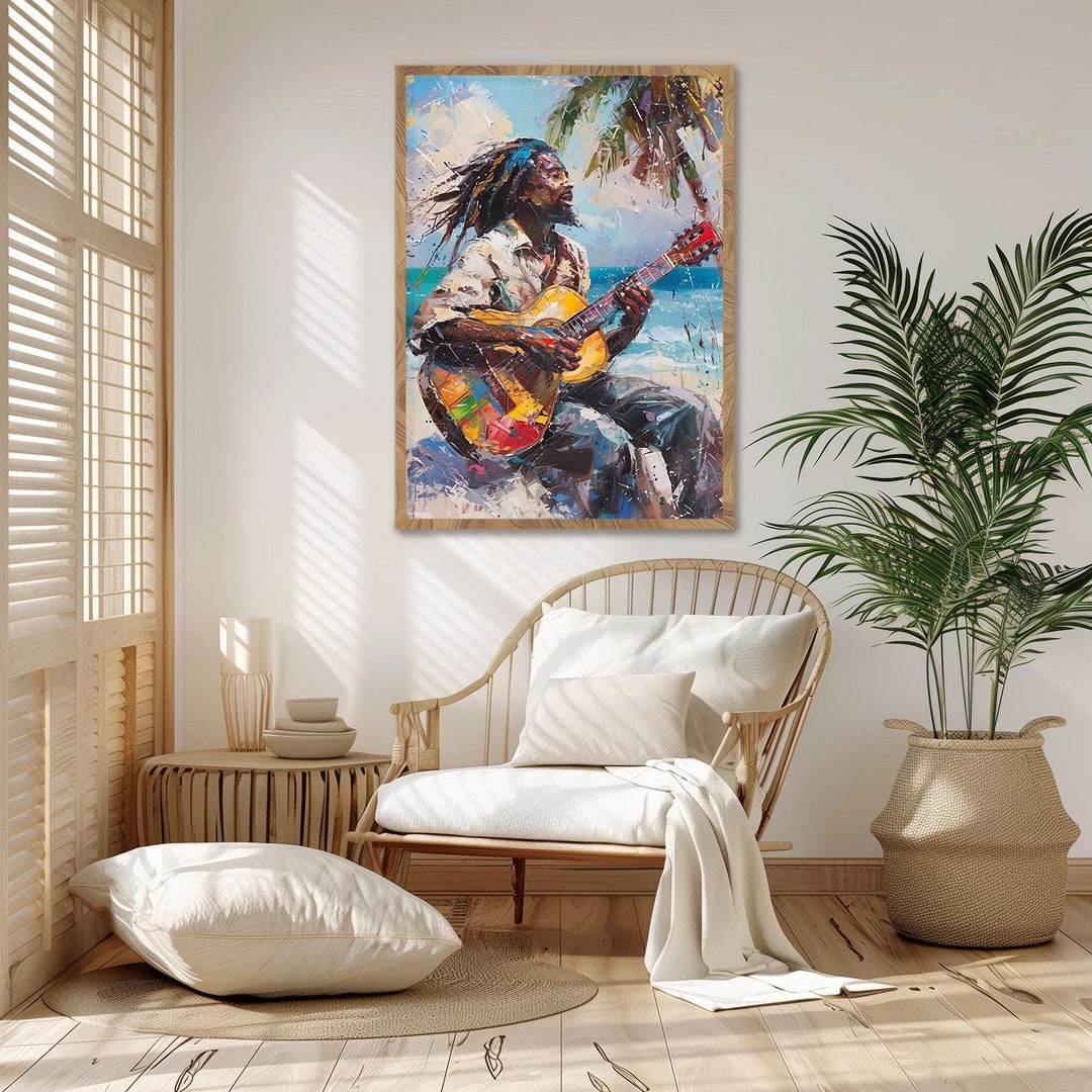 Reggae Guitarist Beach Art Soulful Musician Palm Trees Wall Art ...