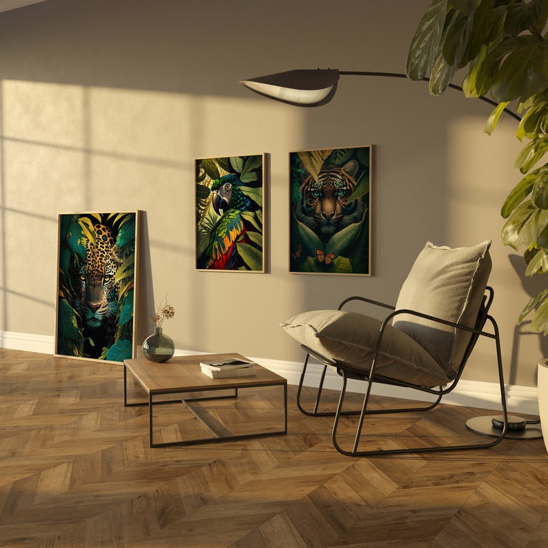 Jungle Animal Set of 3 Wall Art Jaguar Wall Art Parrot Print Rainforest ...