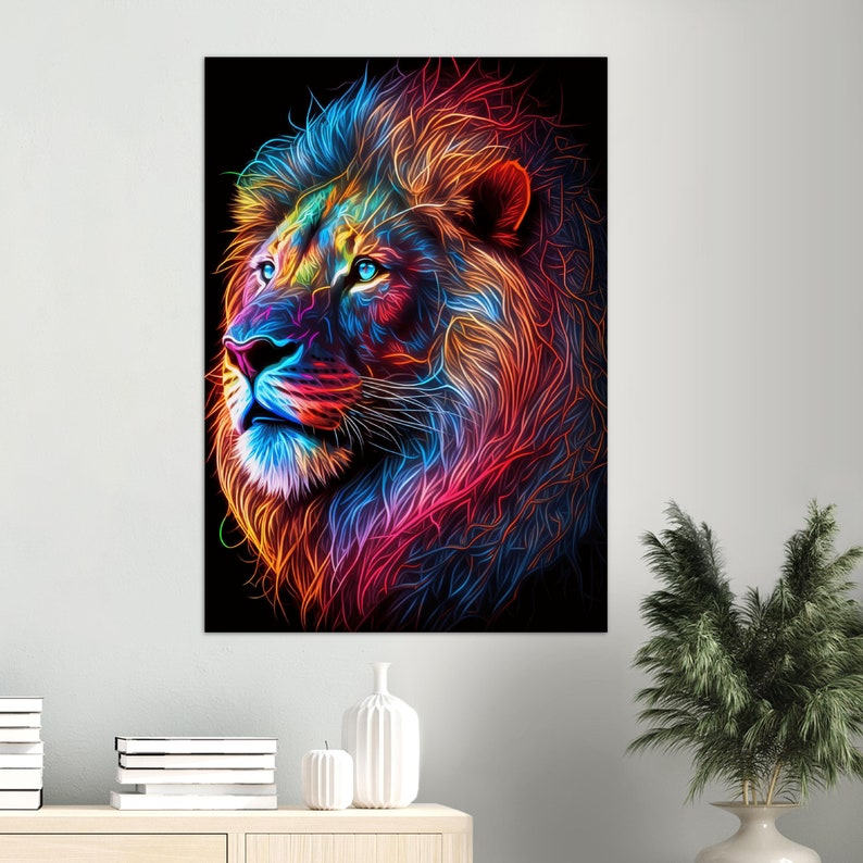 Neon Lion Wall Art Abstract Lion Poster for Home Colourful Lion Art ...