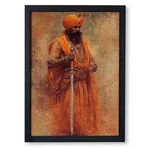 Majestic Sikh Warrior With Kirpan Sword Vibrant Orange, Low Angle ...