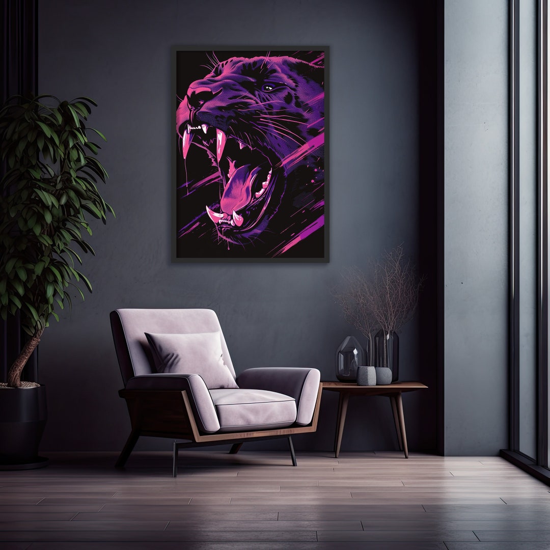 Black Panther Line Art Purple Black Background Wall Decor Modern Home ...