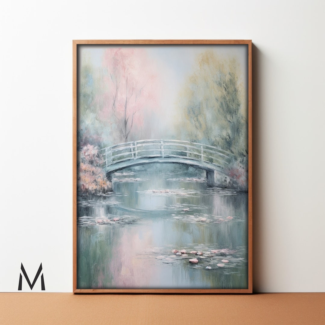 Watercolour Bridge Painting of an Soft Waterfall Vintage Japanese Pond ...
