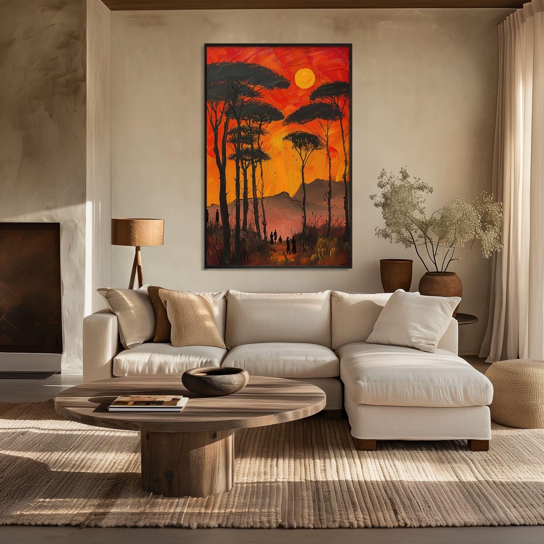 African Sunset Acrylic Painting Tall Trees Silhouettes Majestic ...