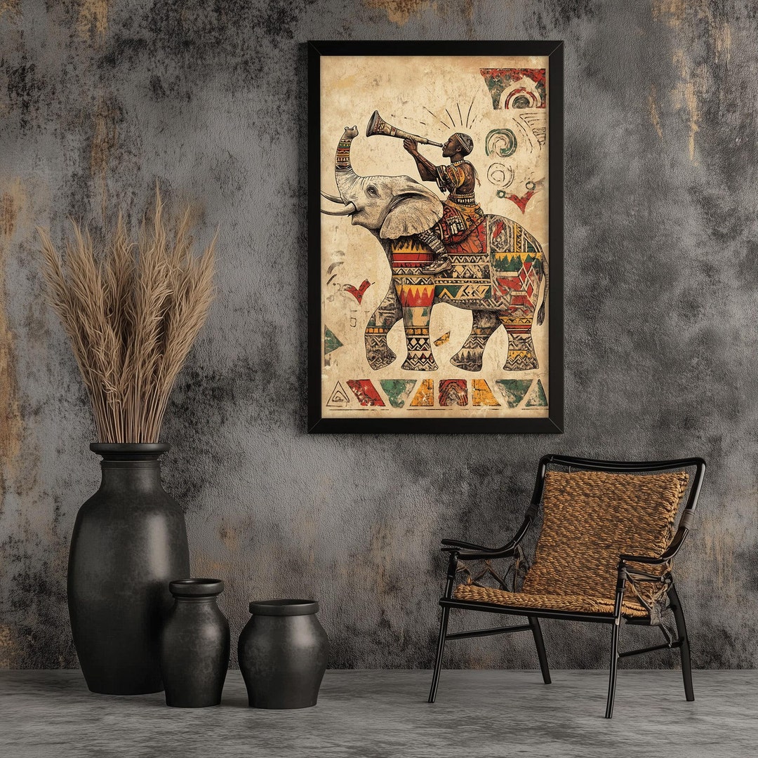 African Elephant Art Print Tribal Pattern Illustration Vintage Safari ...