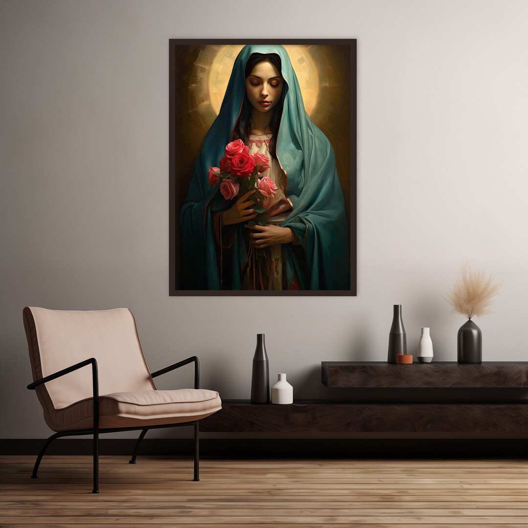 Painting Virgin Mary Holding Red Roses Mother Mary Wall Art Religious ...