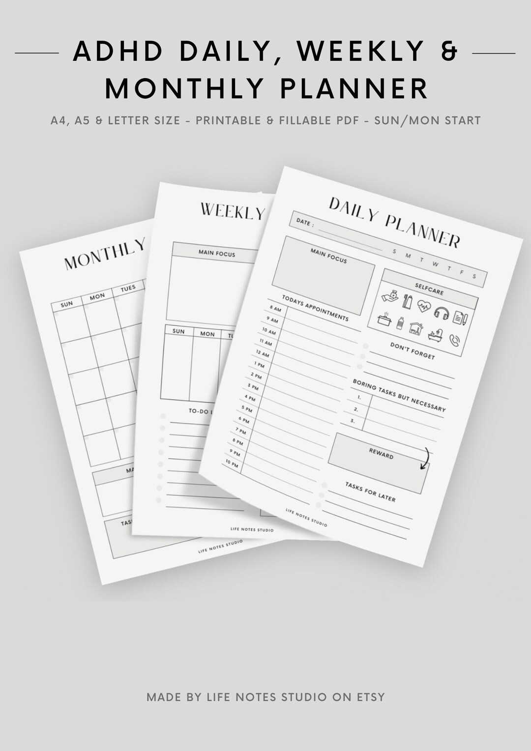 ADHD Daily Weekly Monthly Planner Bundle, ADHD Adult Planner Printable ...