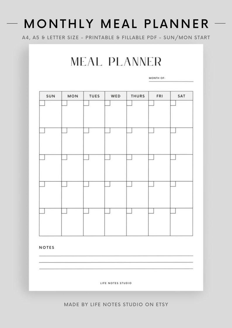 Monthly Meal Planner, Printable Meal Planner With Grocery List, Digital ...