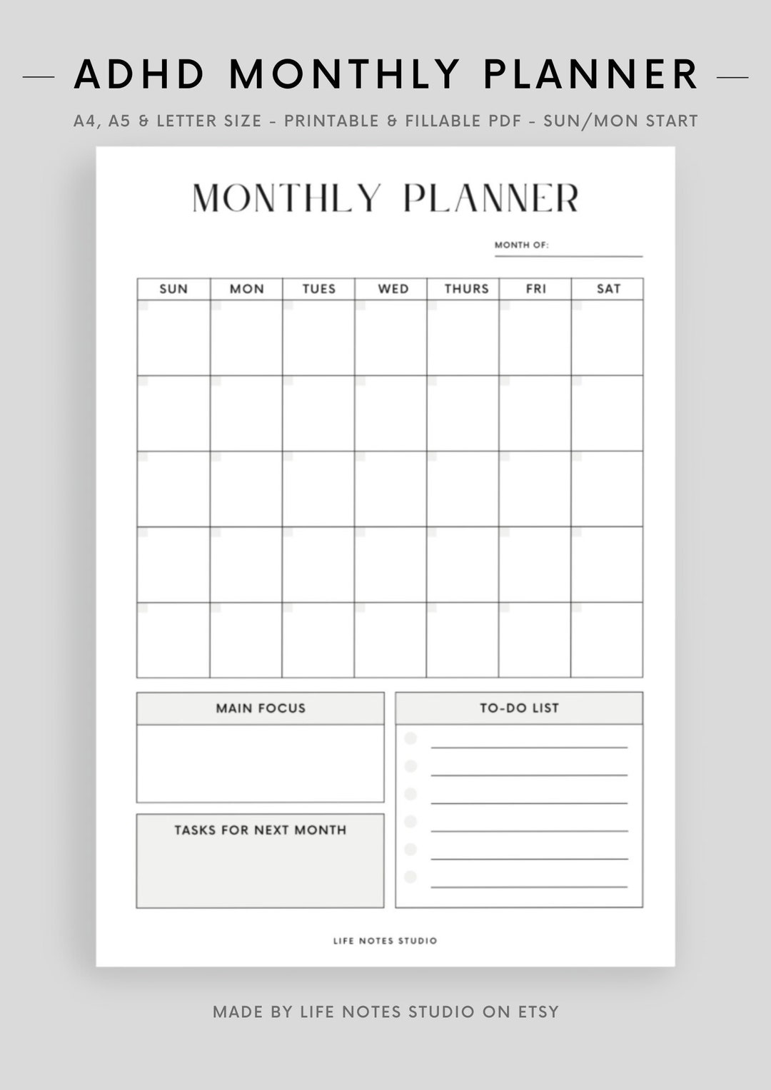 ADHD Monthly Digital Planner, ADHD Adult Planner Printable, to Do List ...