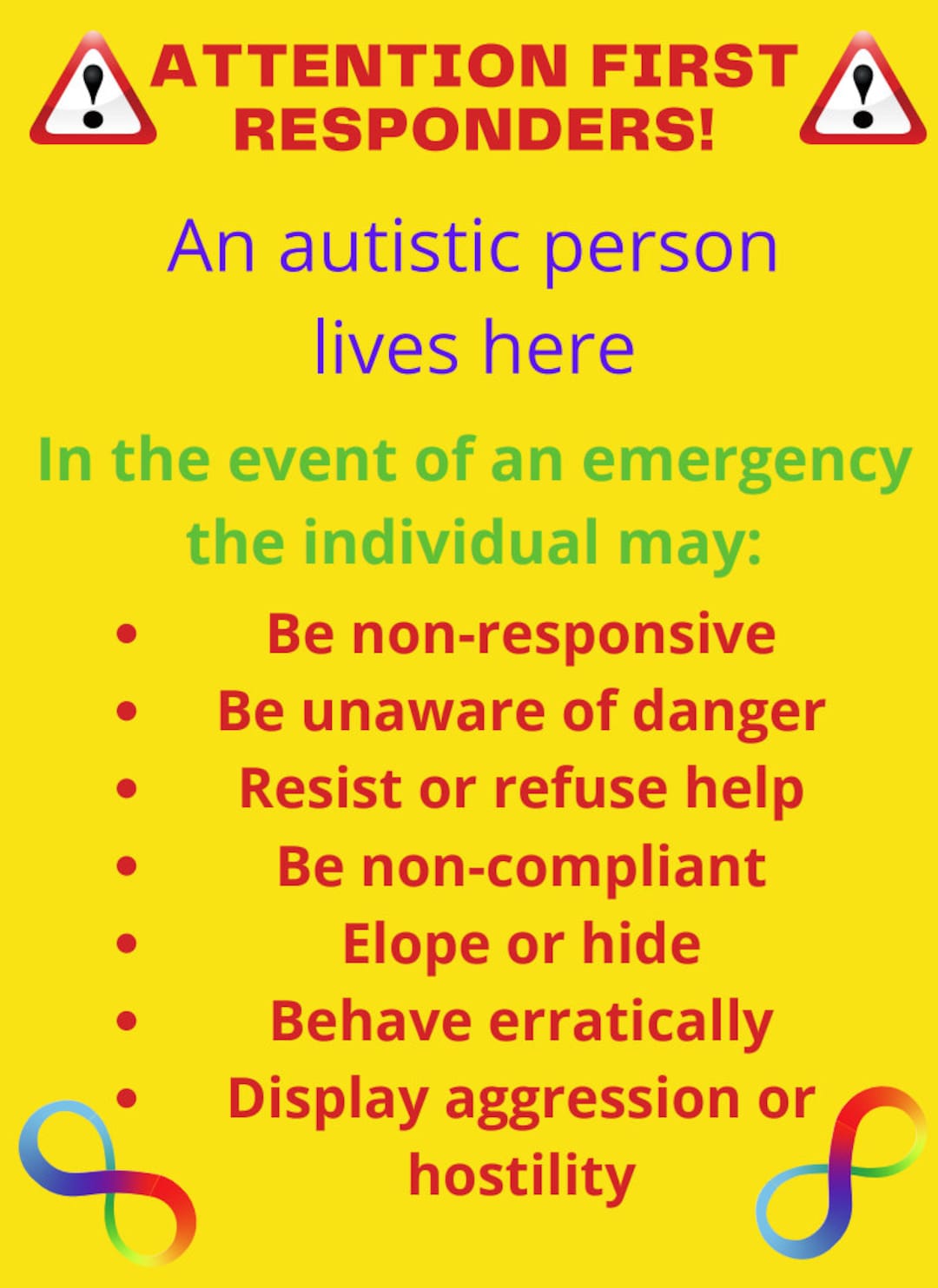 Autistic Person First Responders Awareness Sign - Etsy