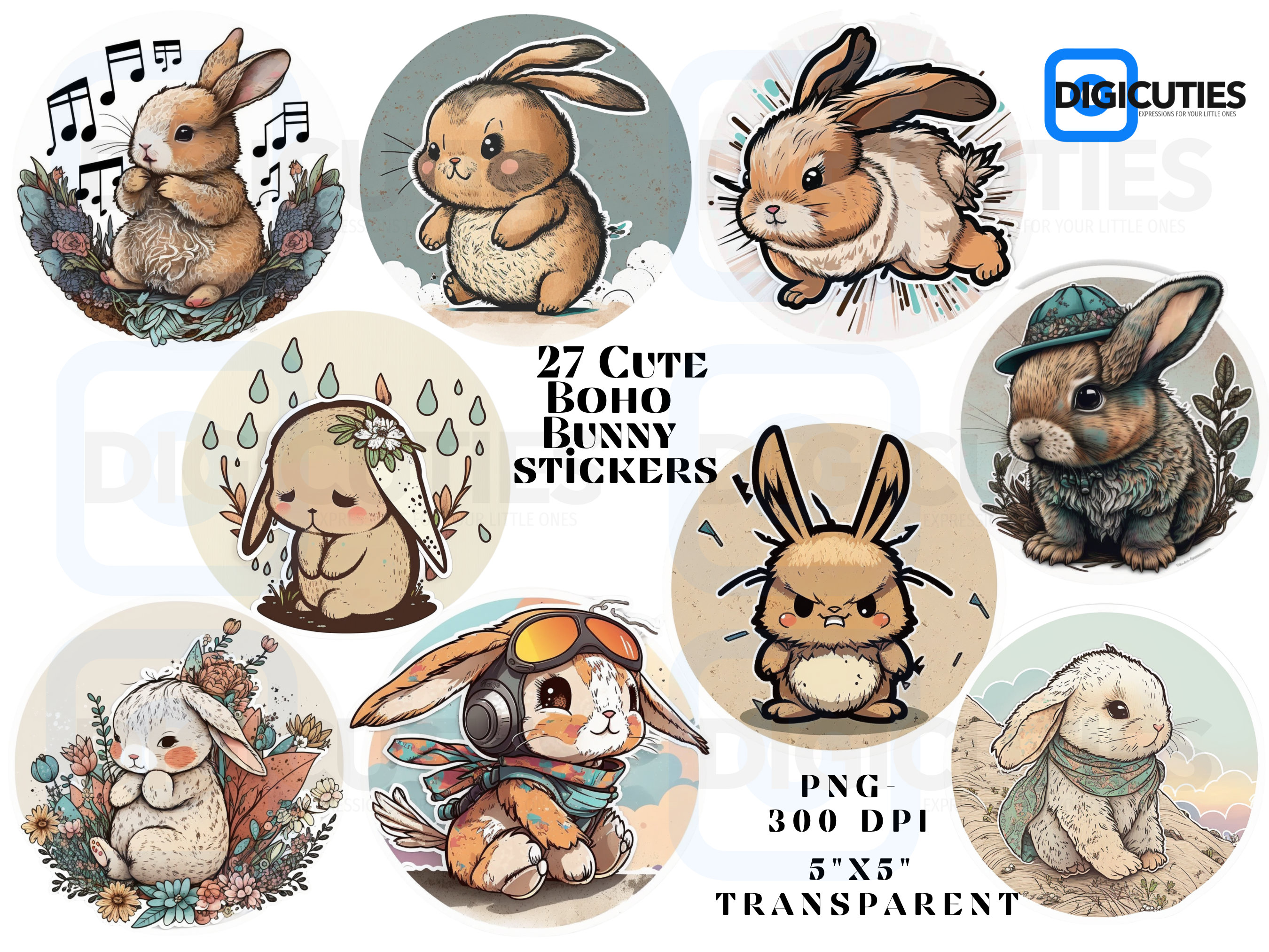 Cute Bunny Bundle of Stickers, Cute Bunny Stickers, Boho Bunny Stickers ...
