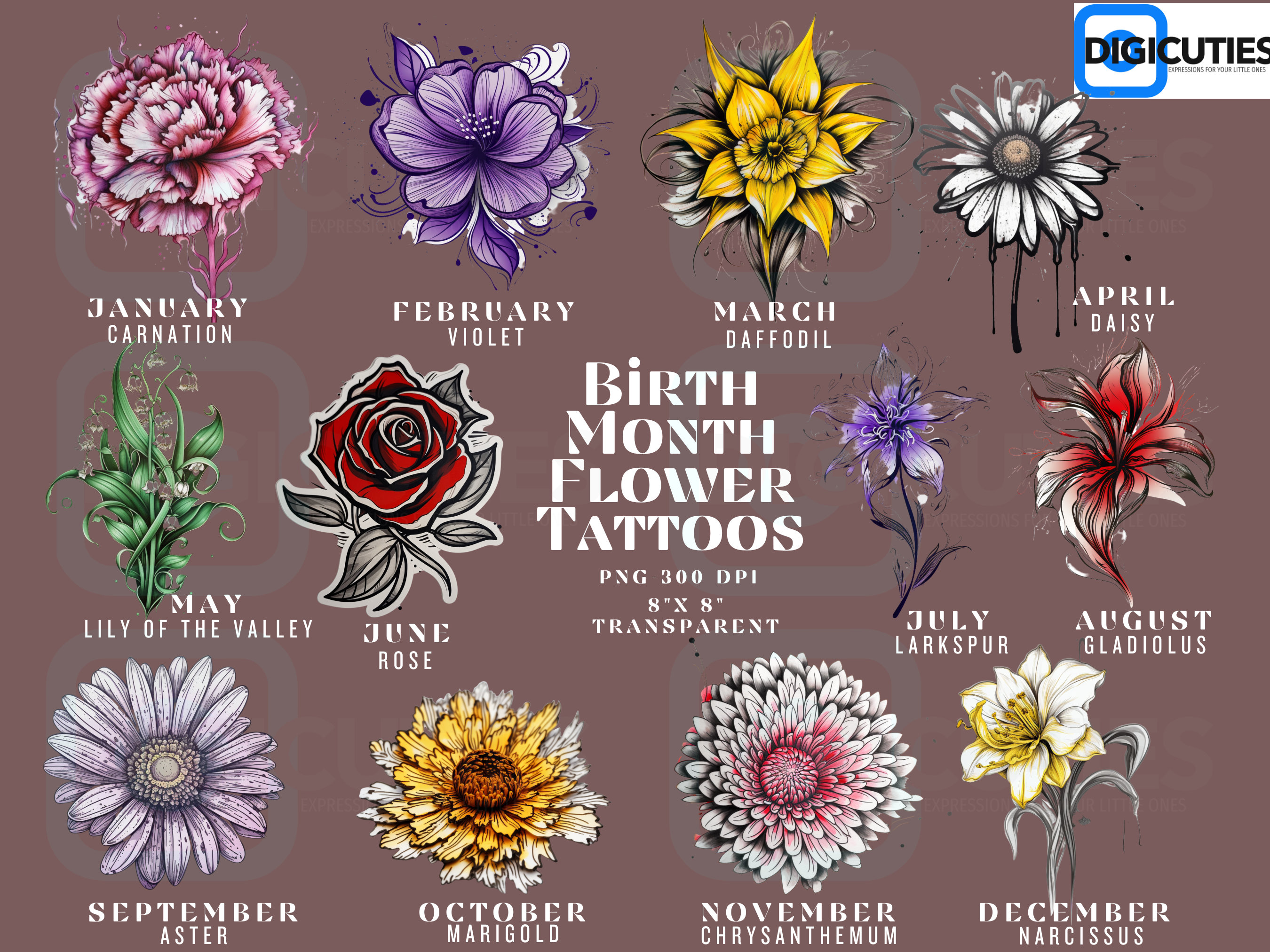 Birth Month Flowers Clipart, Birth Month Flowers, Birth Flower Tattoo ...