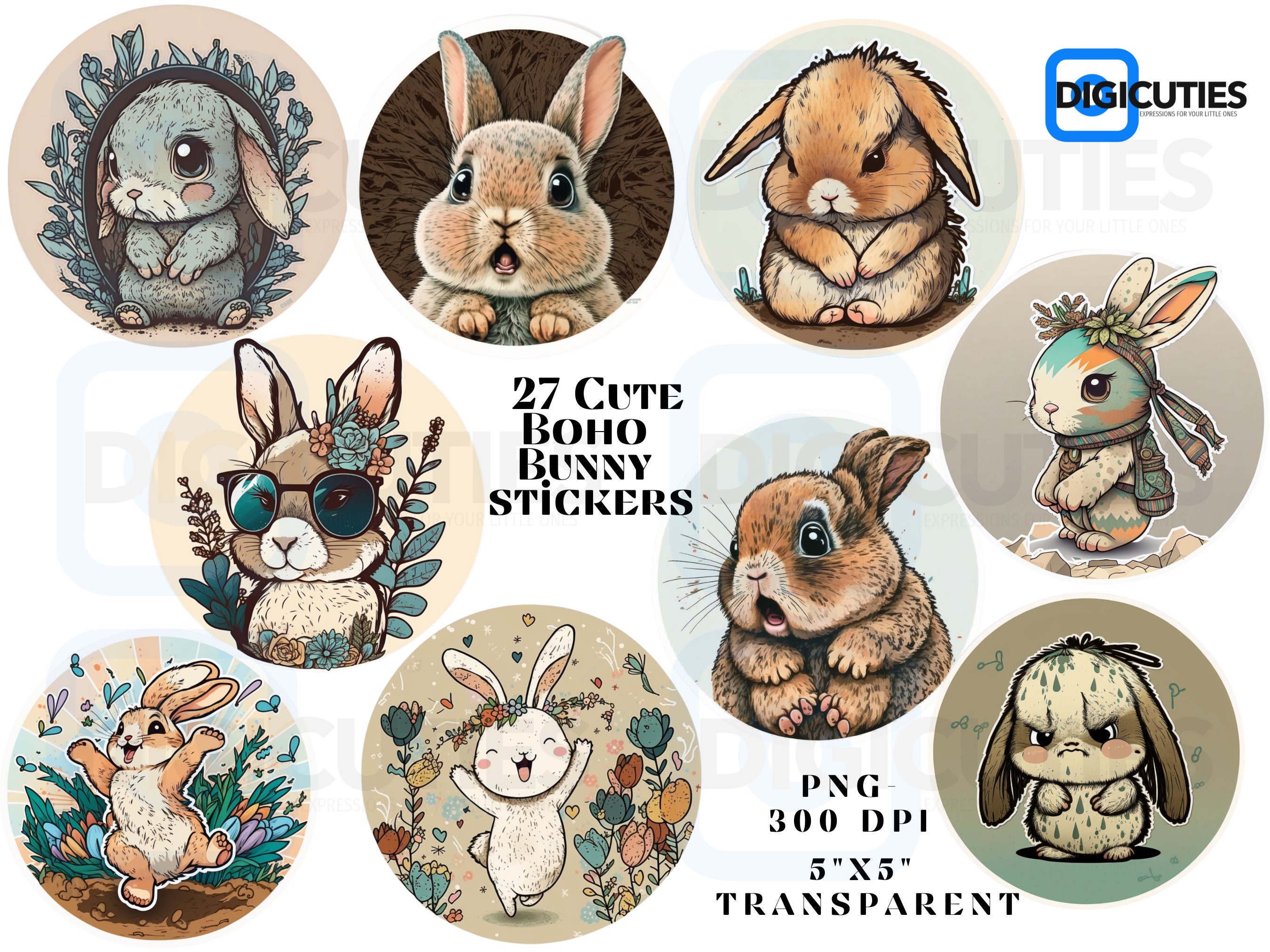 Cute Bunny Bundle of Stickers, Cute Bunny Stickers, Boho Bunny Stickers ...